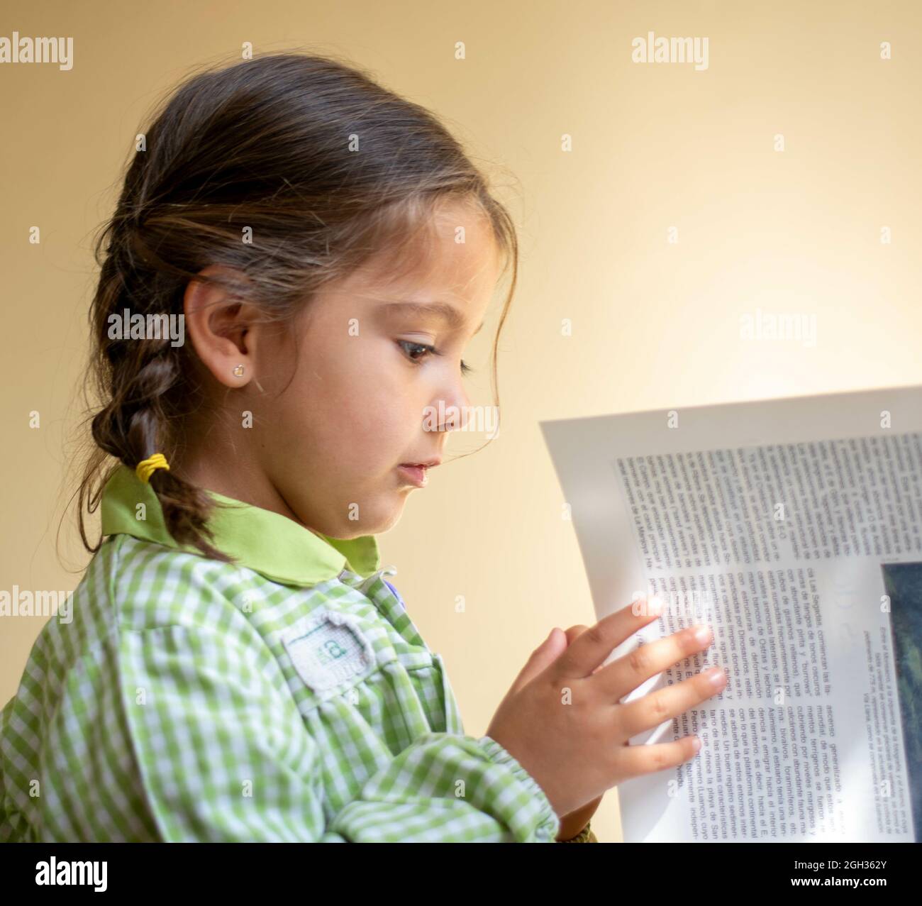 Cute little girl with pigtails sitting in a classroom and reading Stock ...
