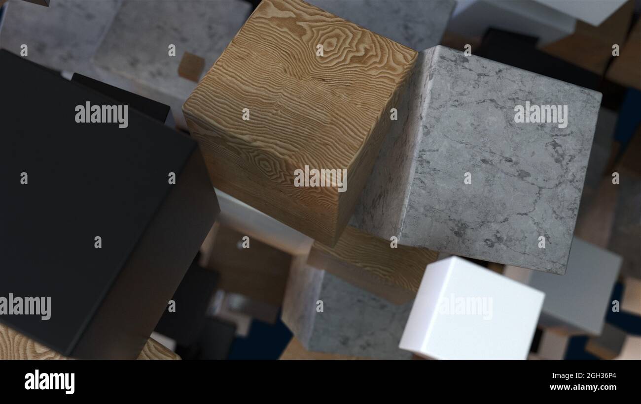 Square wooden 3d render boxes in digital space. Geometric solid plastic ...