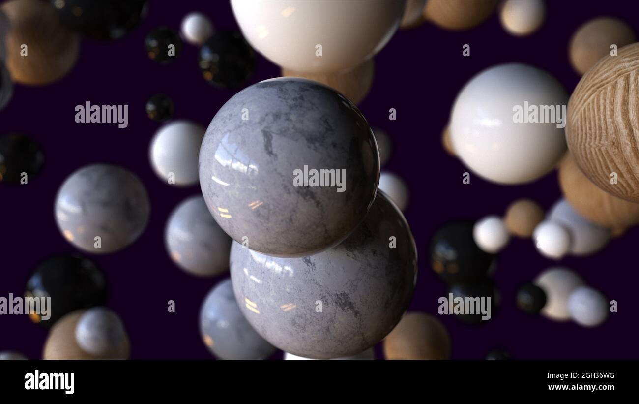 Marble stone 3d render balls falling into void. Wooden embossed bubbles ...