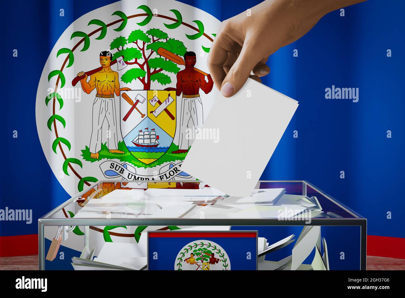 Belize flag, hand dropping ballot card into a box - voting, election ...