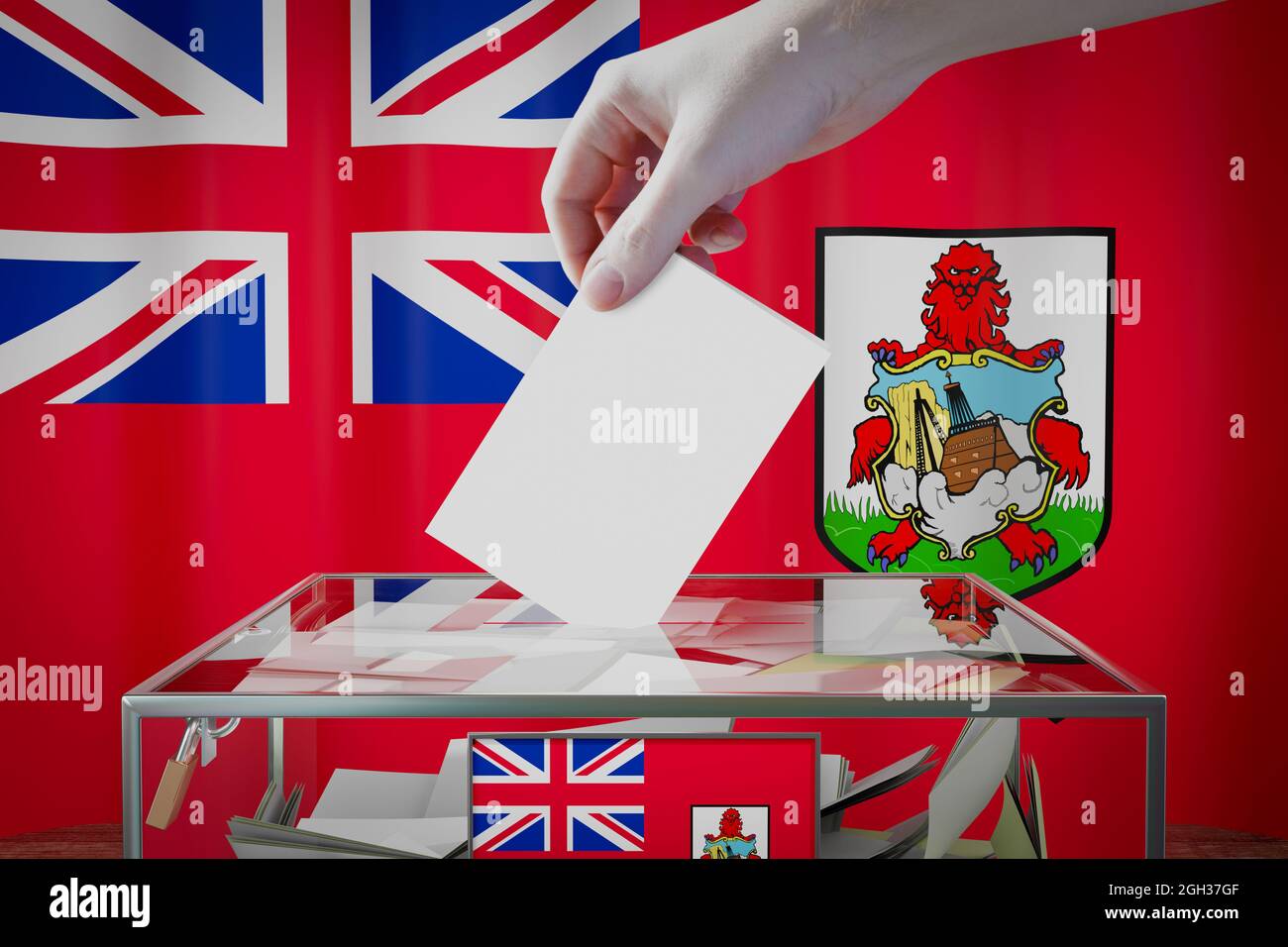 Bermuda flag, hand dropping ballot card into a box - voting, election ...