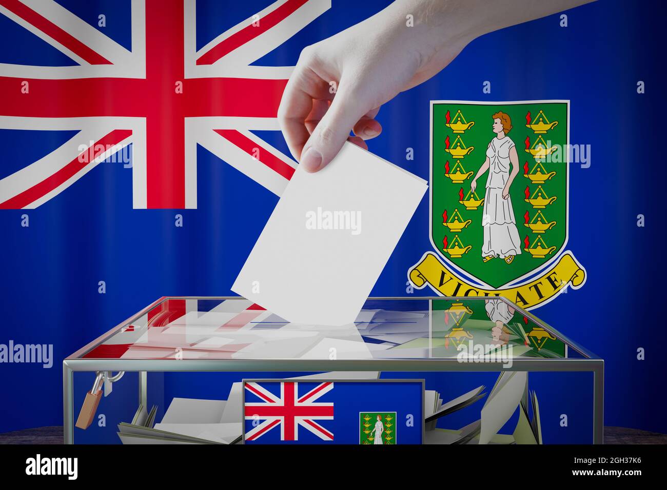British Virgin Islands flag, hand dropping ballot card into a box ...