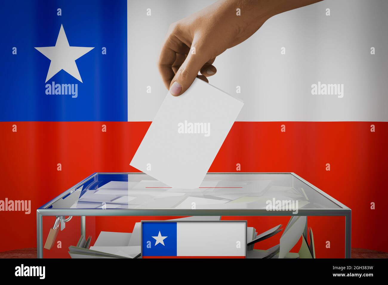 Chile flag, hand dropping ballot card into a box - voting, election ...