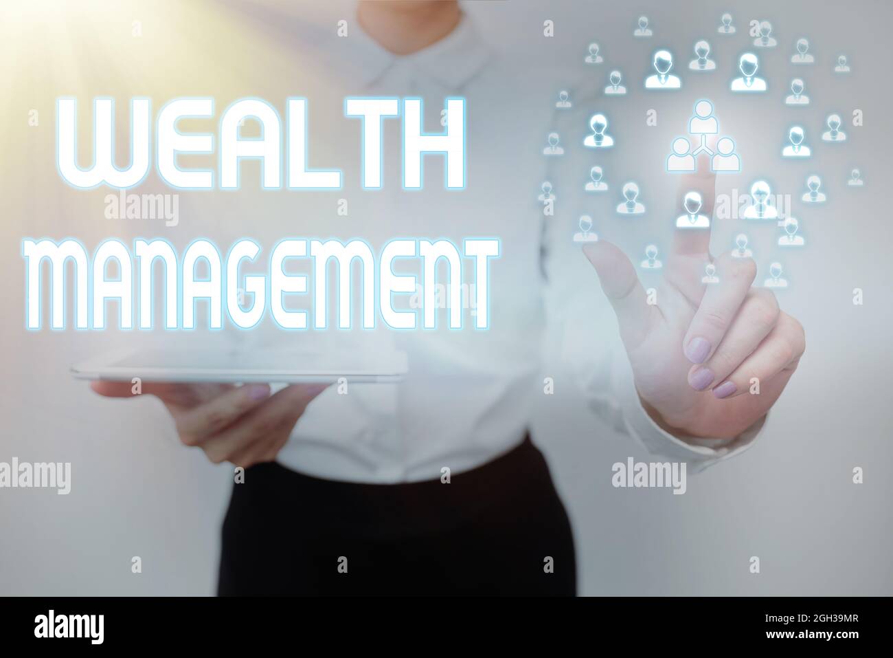 Sign displaying Wealth Management, Business showcase performance ...