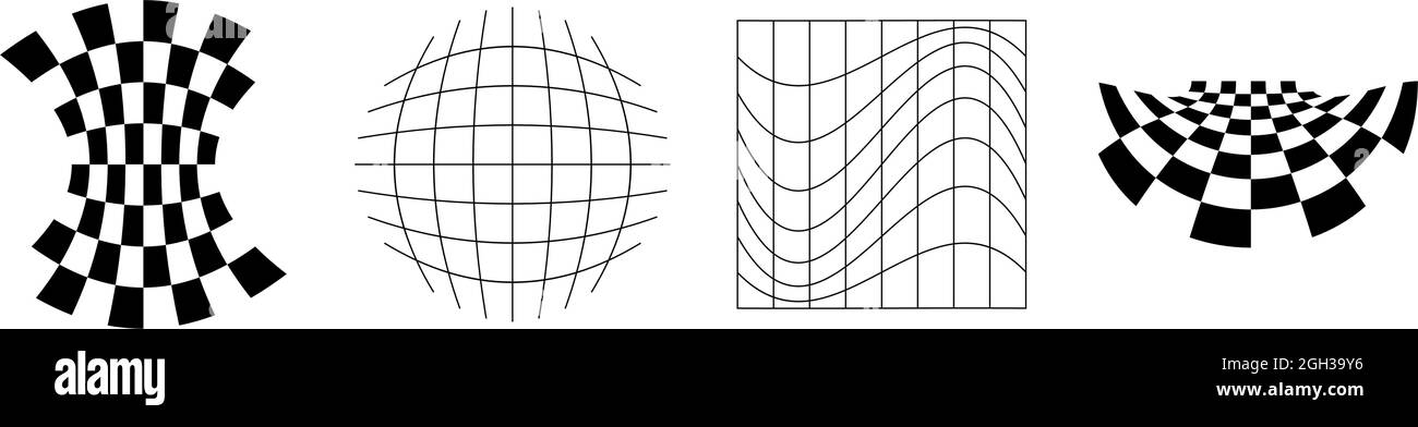 Distorted, deformed grids, meshes, checkerboards. Abstract warp, tweak ...