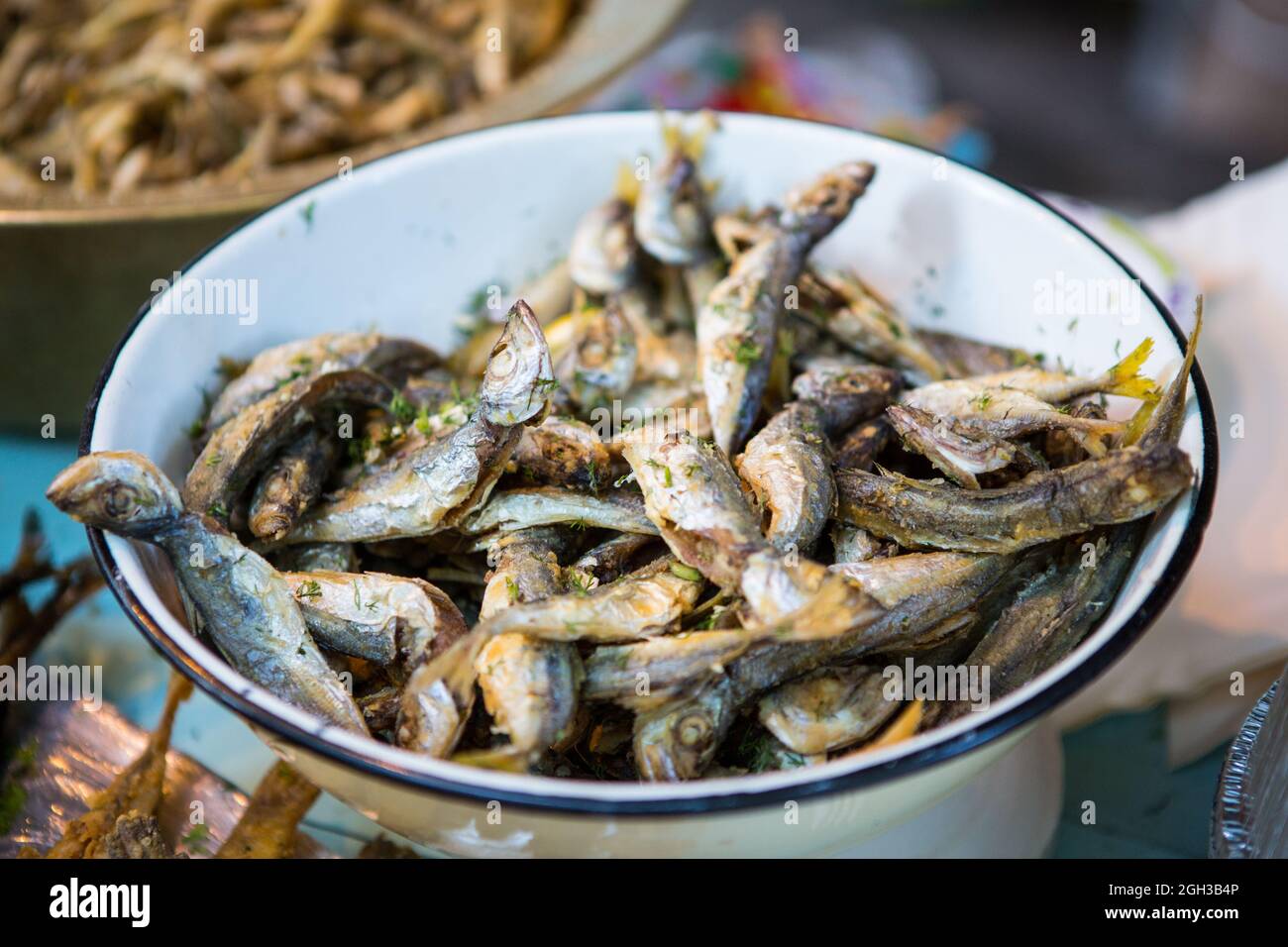 Fried fish. Fish steers. Fish fried in flour with garnish Stock Photo ...