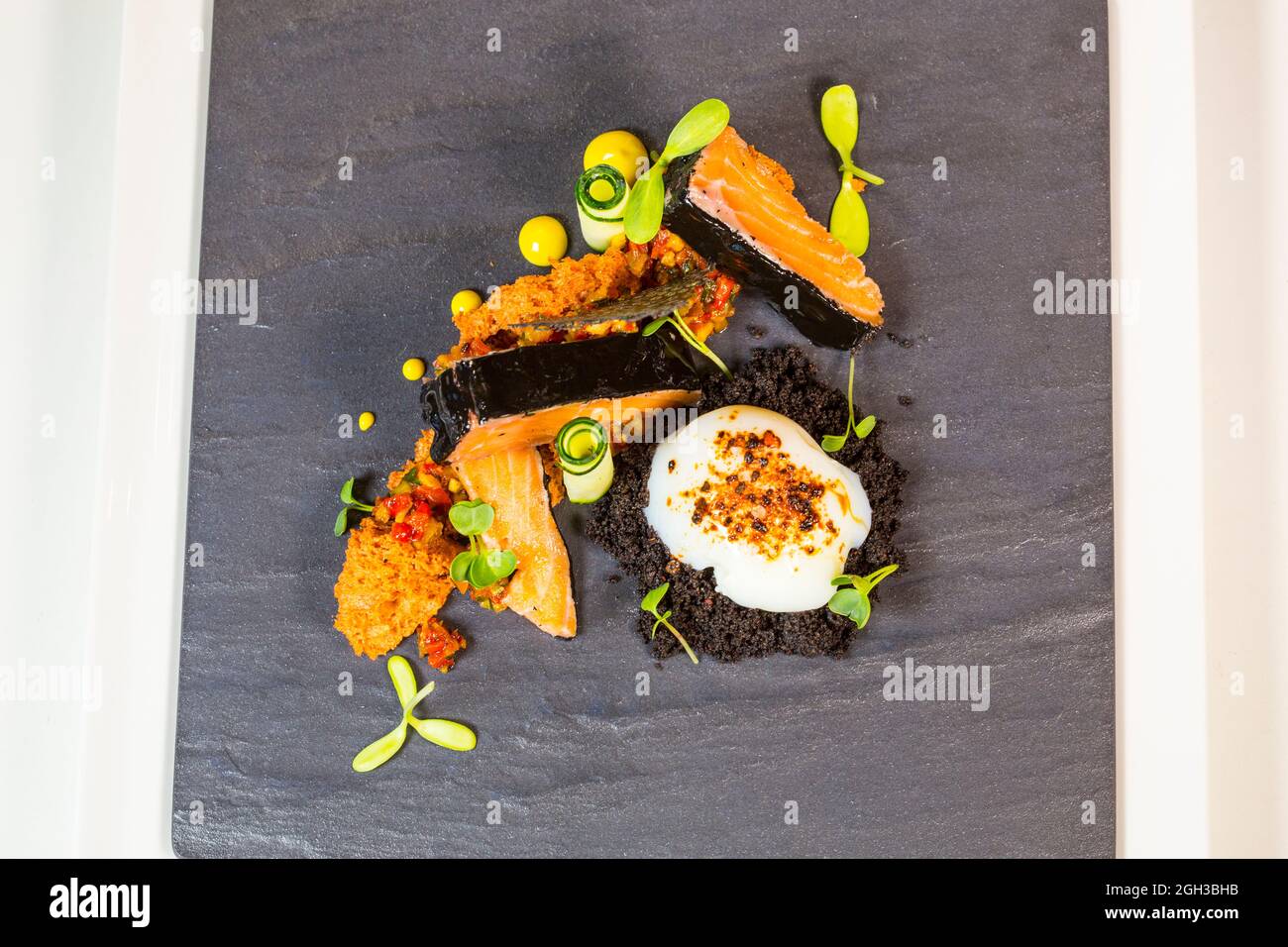 Confiture of salmon with cuttlefish ink with tomato sponge and egg suv ...