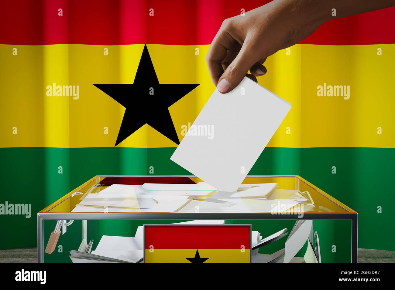 Ghana flag, hand dropping ballot card into a box - voting, election ...
