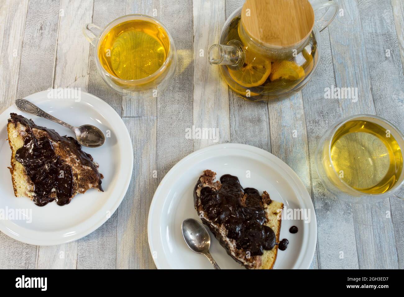 Afternoon tea. View from above. Table setting for tea drinking with ...