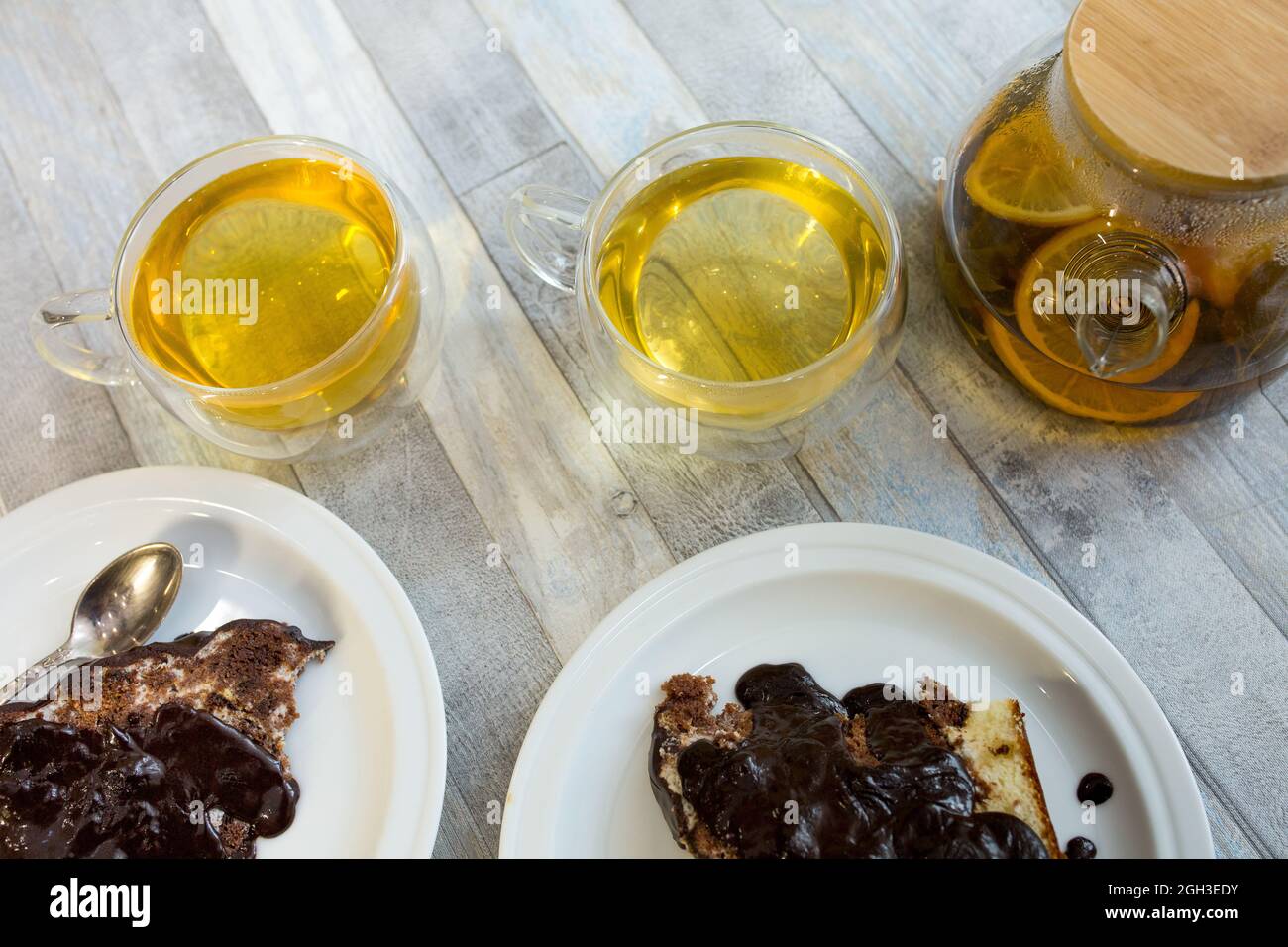 Afternoon tea. View from above. Table setting for tea drinking with ...