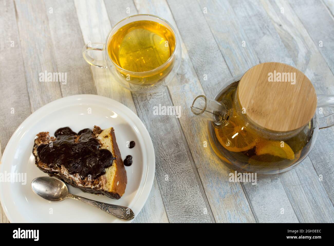 Afternoon tea. View from above. Table setting for tea drinking with ...