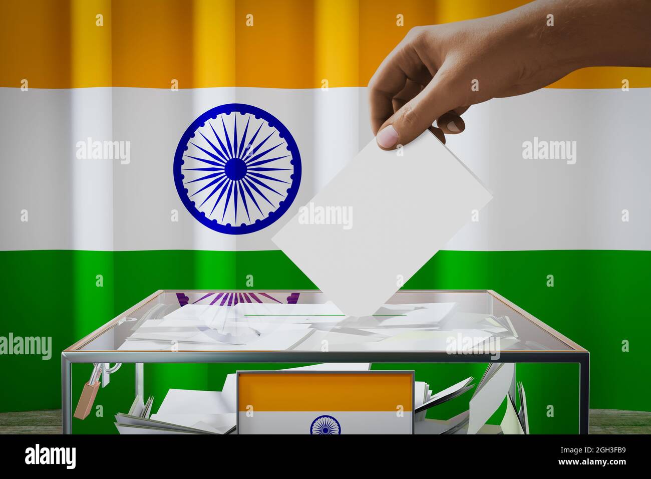 India flag, hand dropping ballot card into a box - voting, election ...