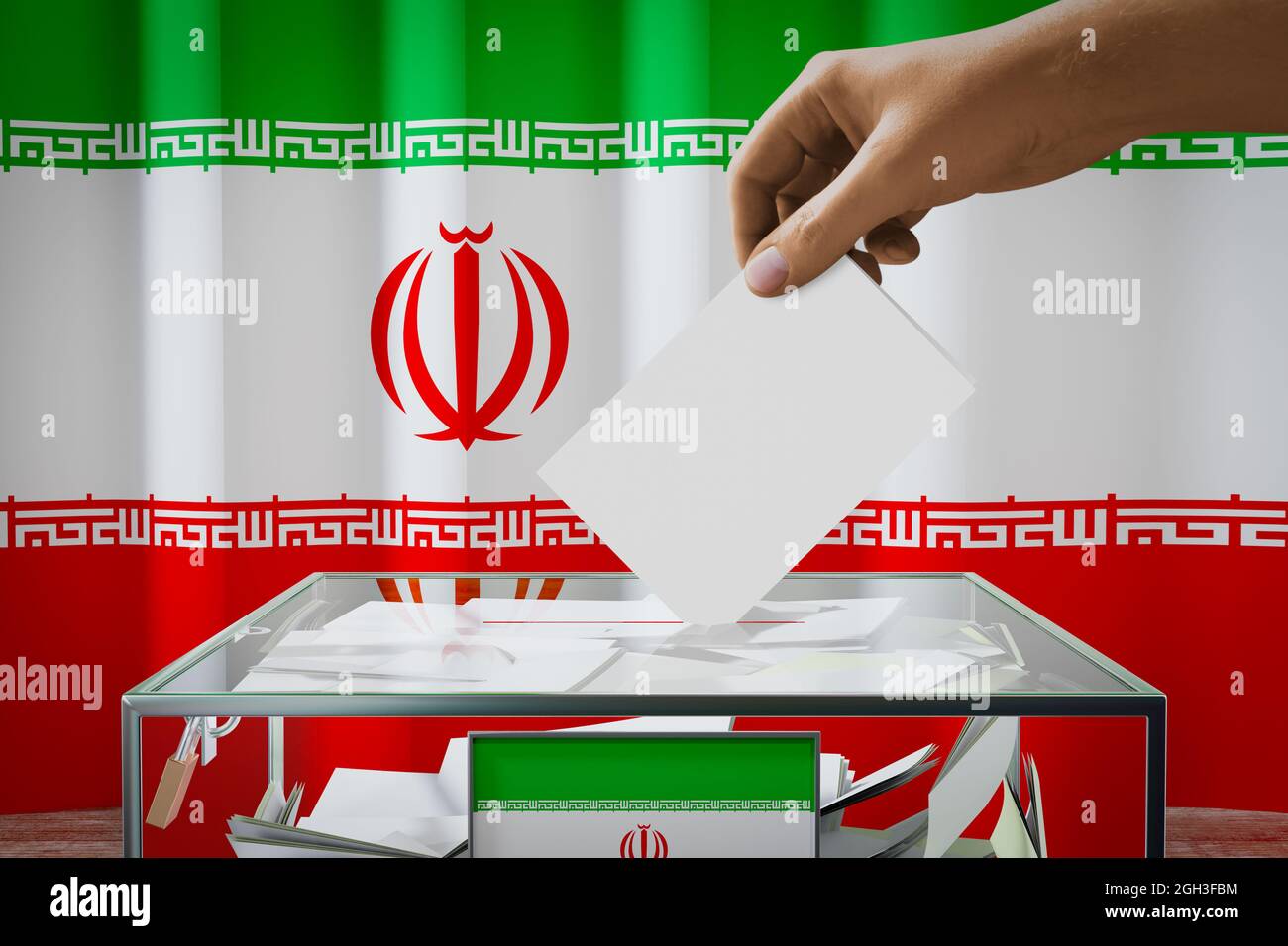 Iran flag, hand dropping ballot card into a box - voting, election ...
