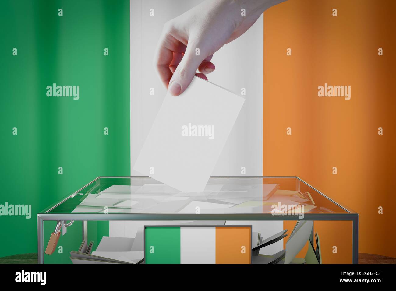 Ireland flag, hand dropping ballot card into a box - voting, election ...