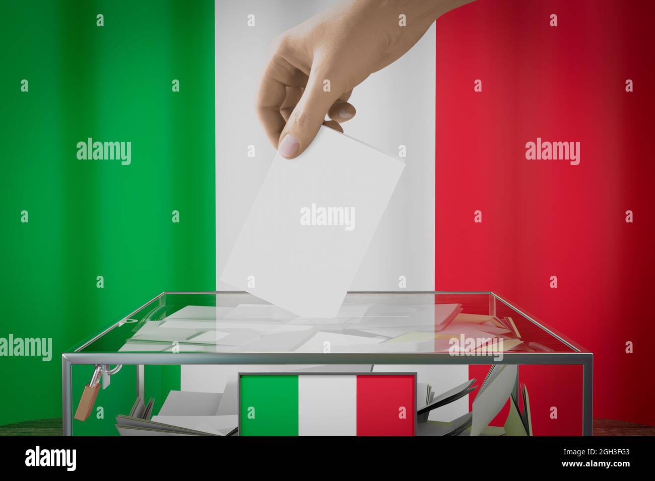 Italy flag, hand dropping ballot card into a box - voting, election ...