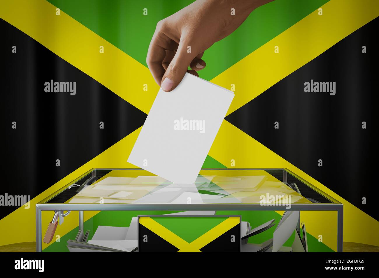 Jamaica flag, hand dropping ballot card into a box - voting, election ...
