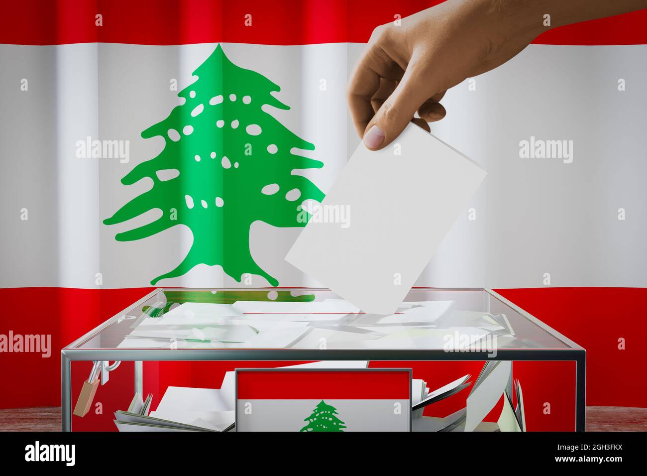 Lebanon flag, hand dropping ballot card into a box - voting, election ...