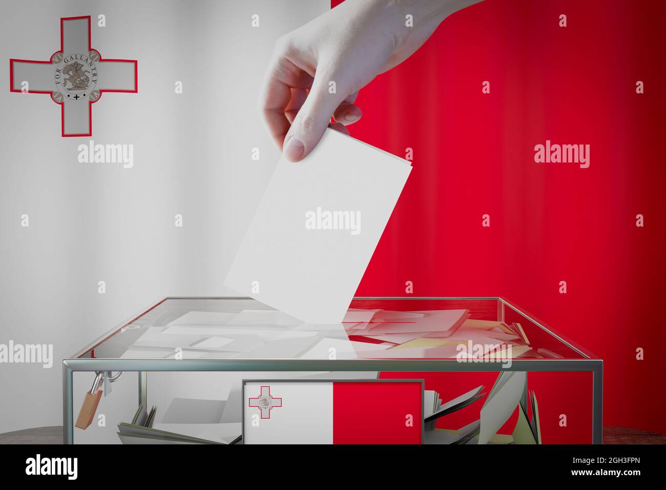 Malta flag, hand dropping ballot card into a box - voting, election ...