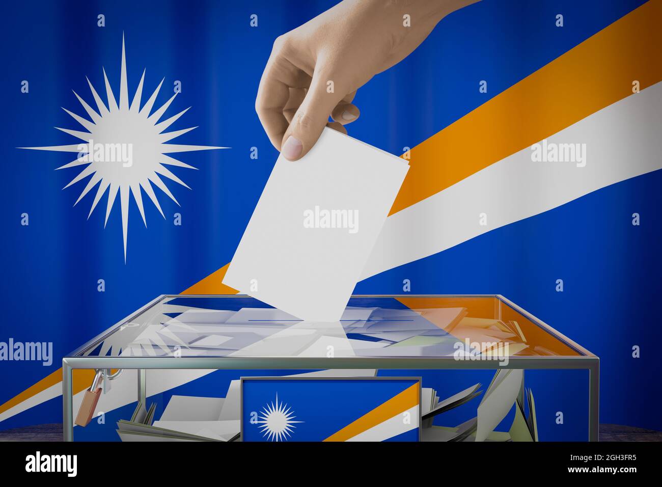 Marshall Islands flag, hand dropping ballot card into a box - voting ...