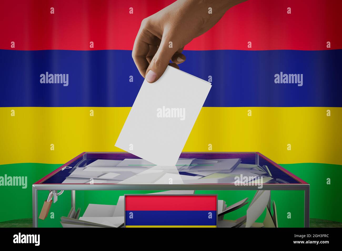 Mauritius flag, hand dropping ballot card into a box - voting, election ...