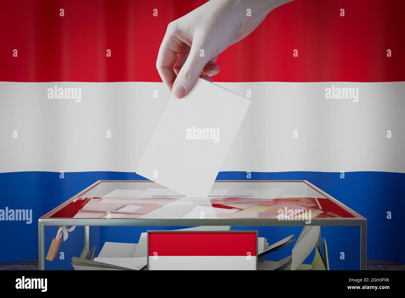 Netherlands flag, hand dropping ballot card into a box - voting ...