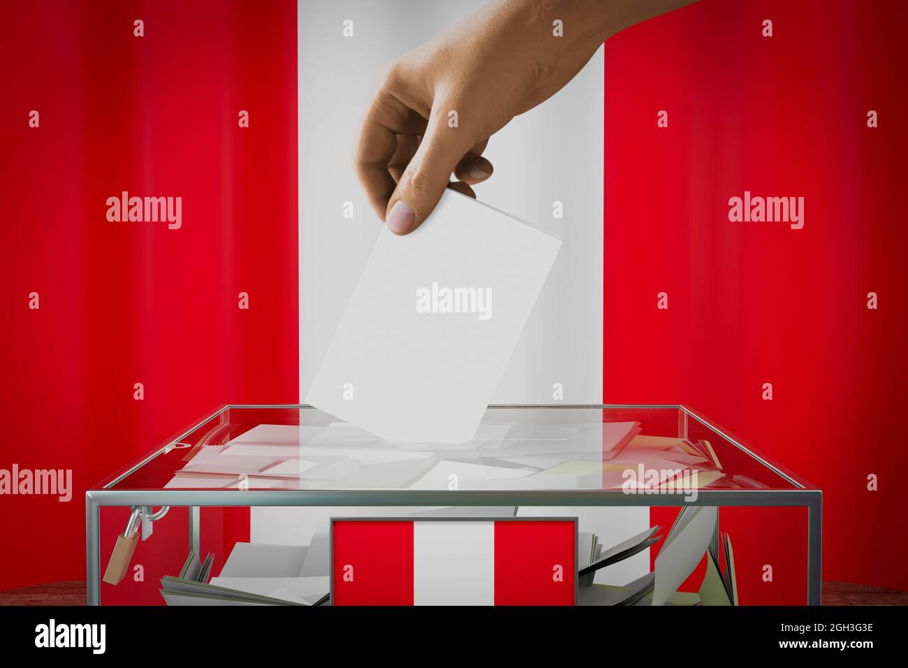 Peru flag, hand dropping ballot card into a box - voting, election ...