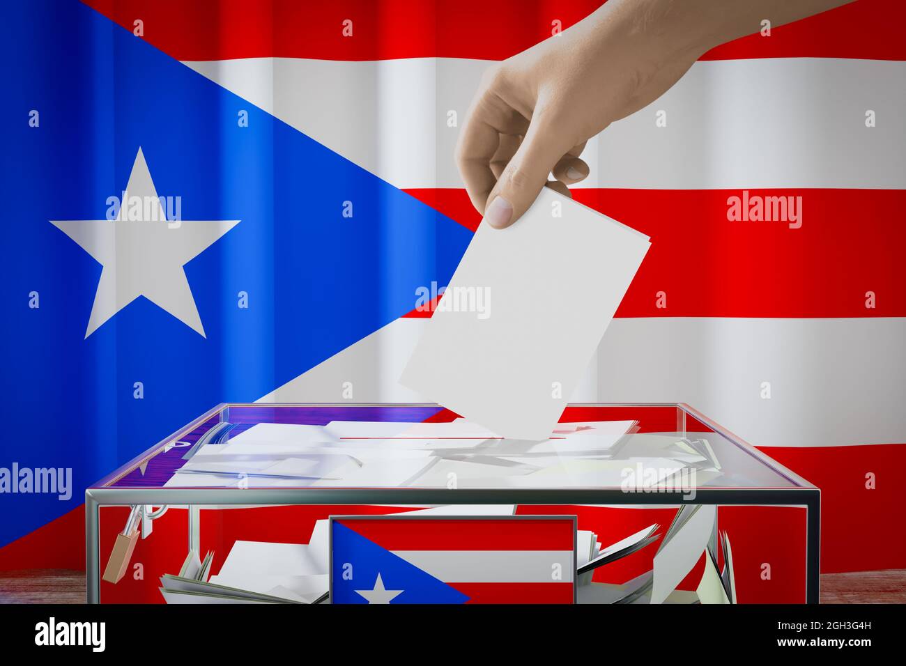 Puerto Rico flag, hand dropping ballot card into a box - voting ...