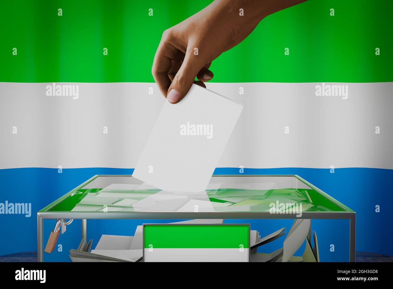Sierra Leone flag, hand dropping ballot card into a box - voting ...
