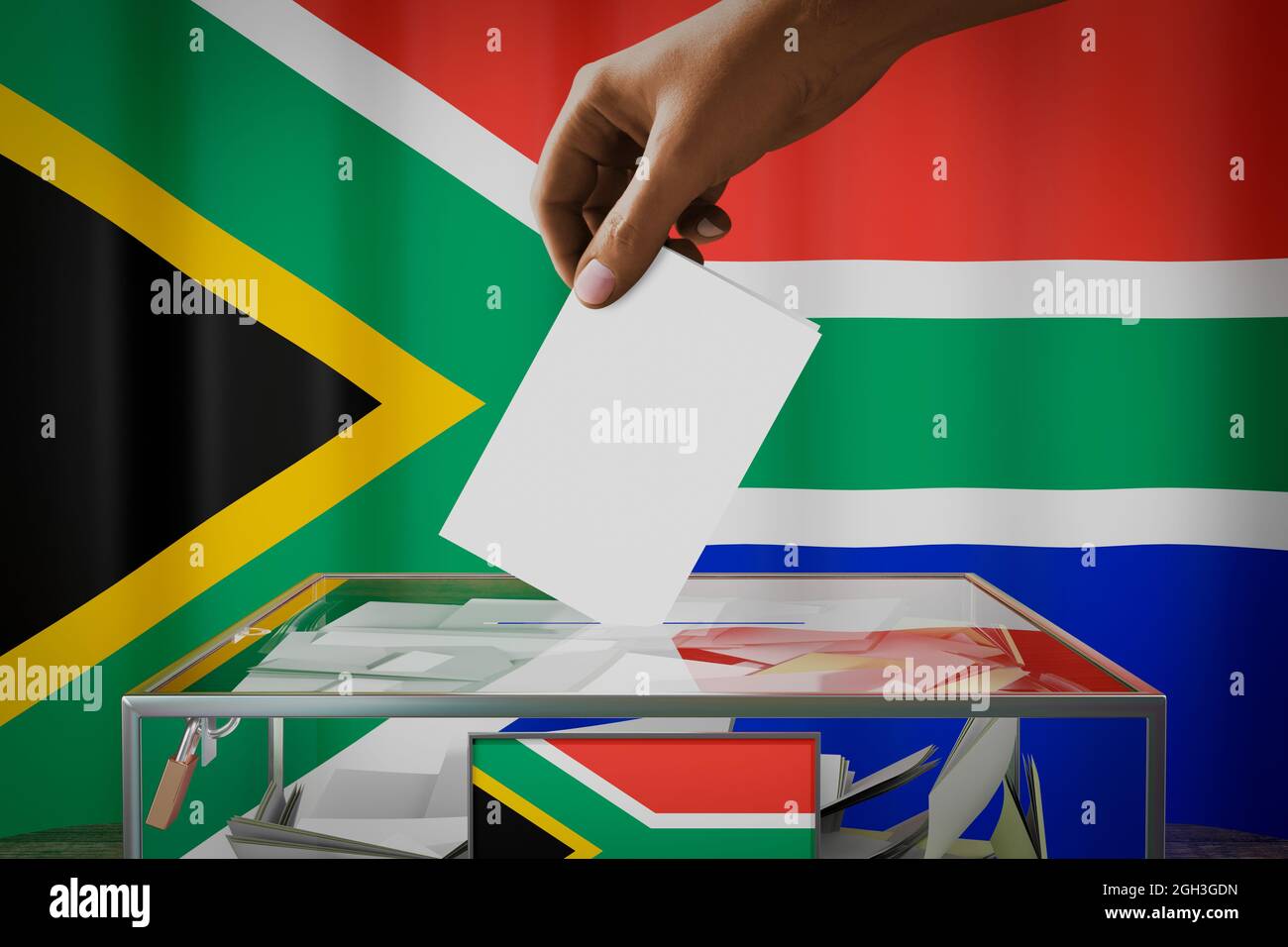 South Africa flag, hand dropping ballot card into a box - voting ...