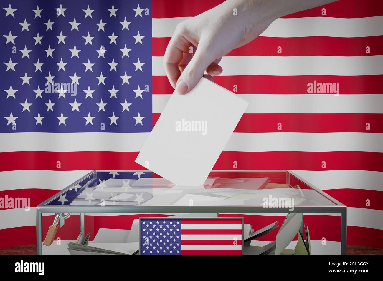 USA flag, hand dropping ballot card into a box - voting, election ...