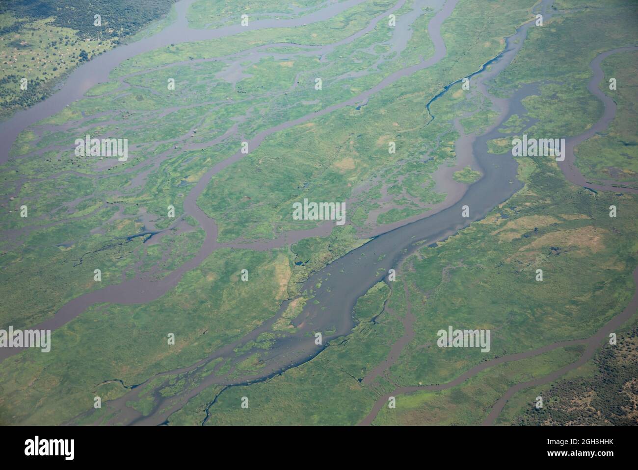 Aerial view of the White Nile River as it flows through South Sudan ...