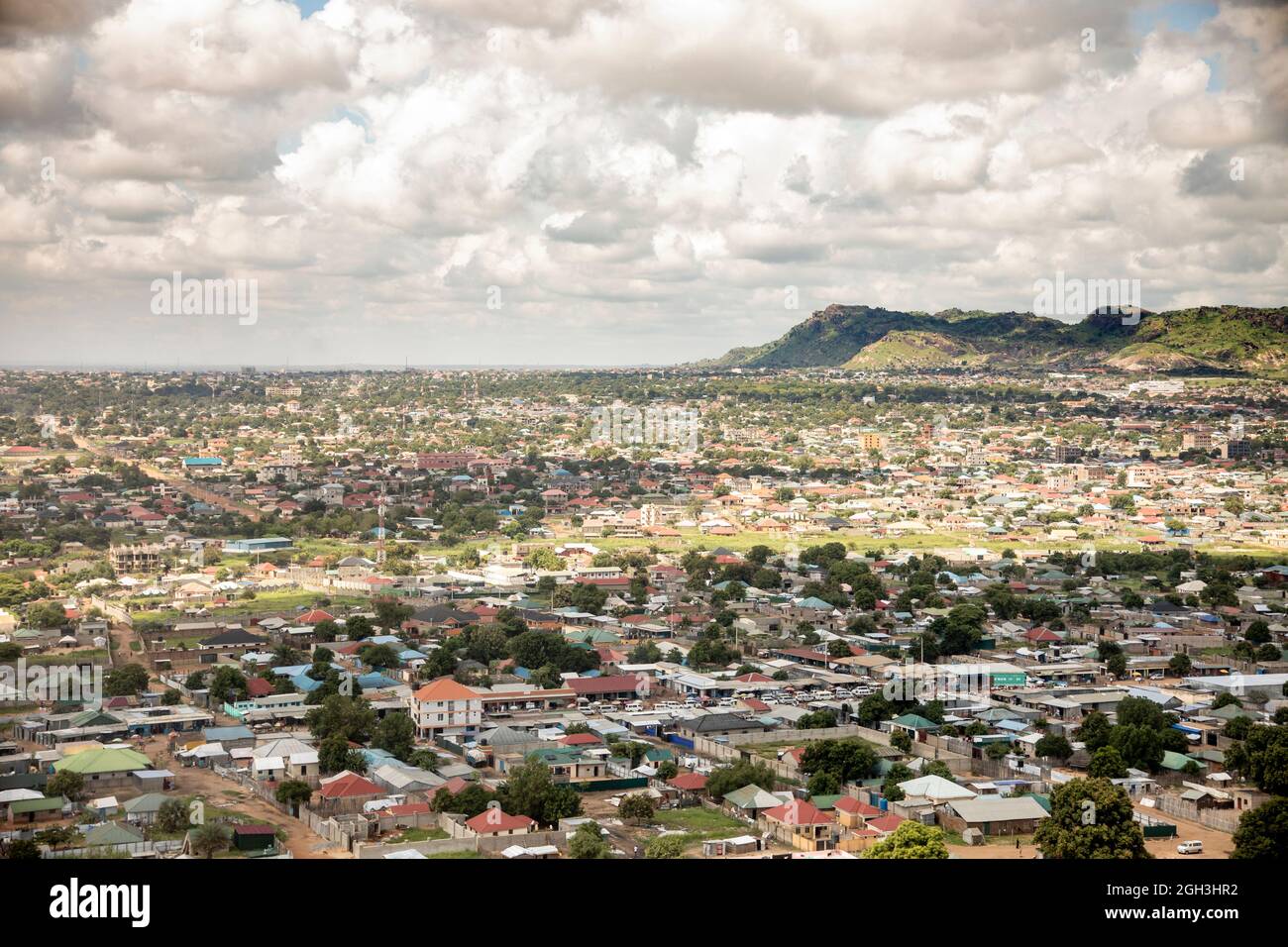 Aerial view of Juba, South Sudan with Jebel Kujur in the background ...