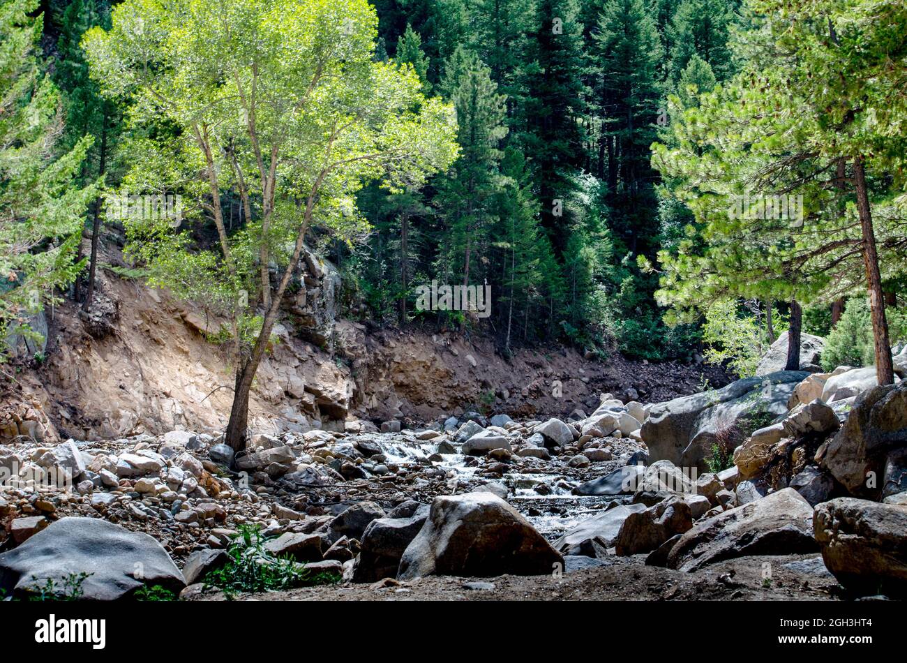A somewhat dry riverbed in Colorado is filled with boulders and rocks ...