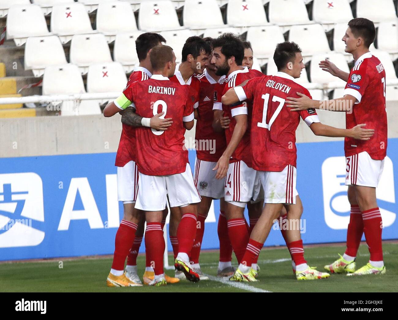 Nicosia, Cyprus. 4th Sep, 2021. Russia's players celebrate a goal ...