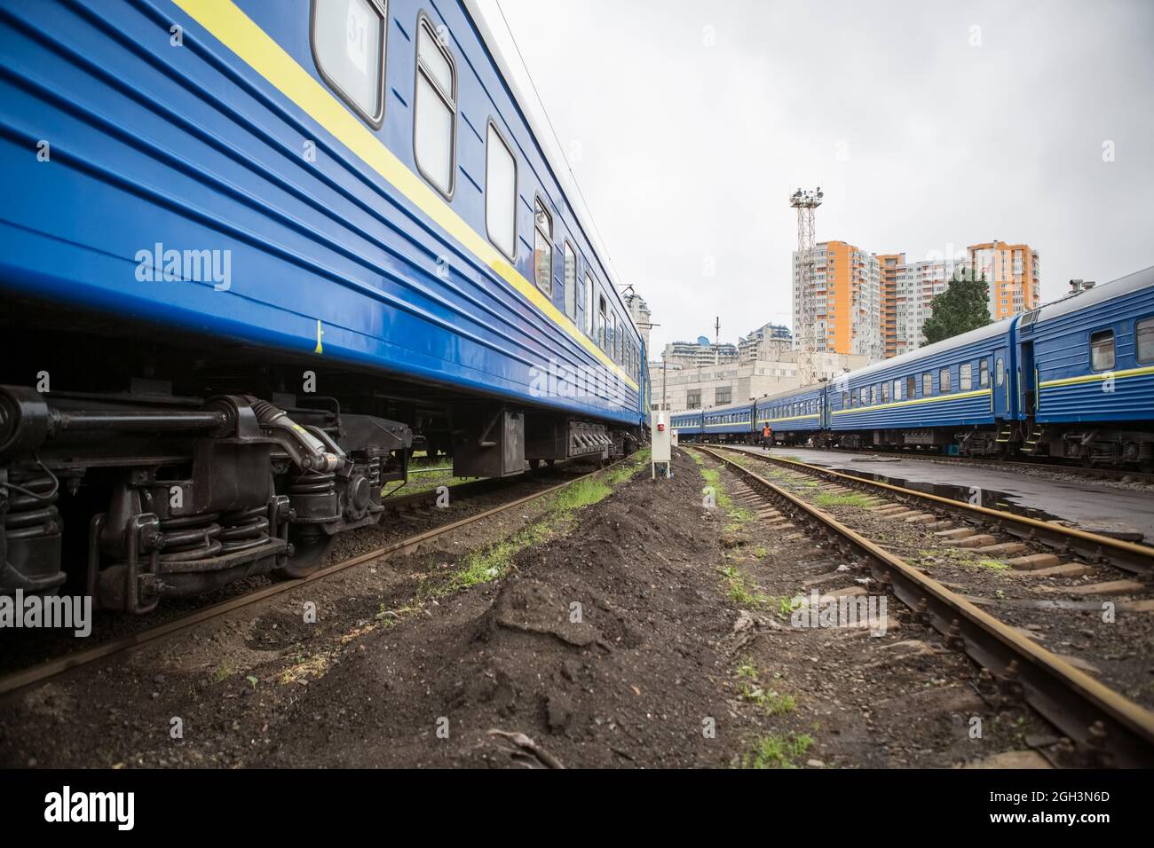 Classical cars of passenger train from outside. Many passenger cars ...