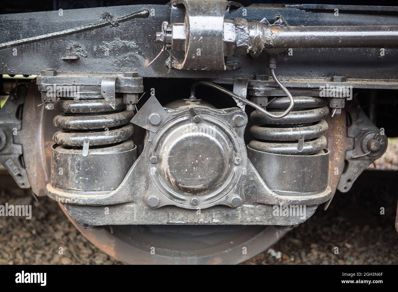 wheels of the railway car. Wheelbase of the train car close-up Stock ...