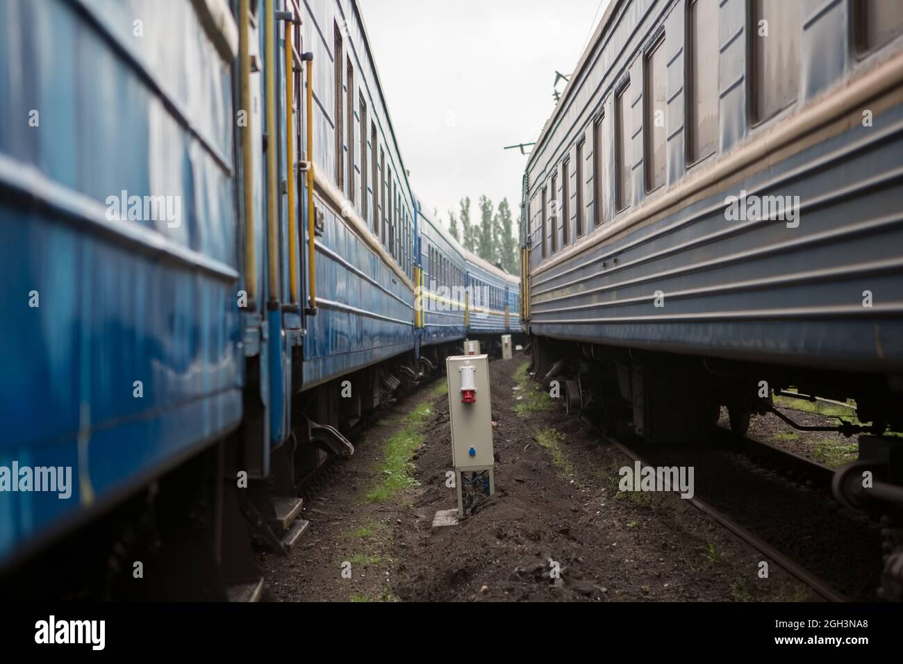 Classical cars of passenger train from outside. Many passenger cars ...