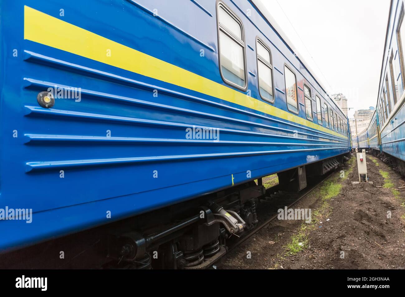 Classical cars of passenger train from outside. Many passenger cars ...