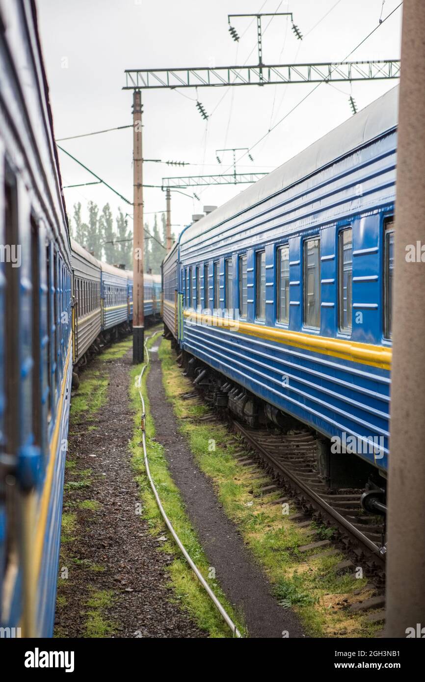 Classical cars of passenger train from outside. Many passenger cars ...