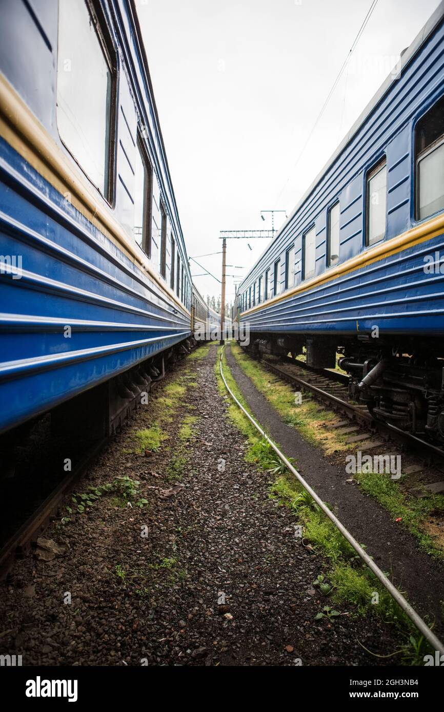 Classical cars of passenger train from outside. Many passenger cars ...