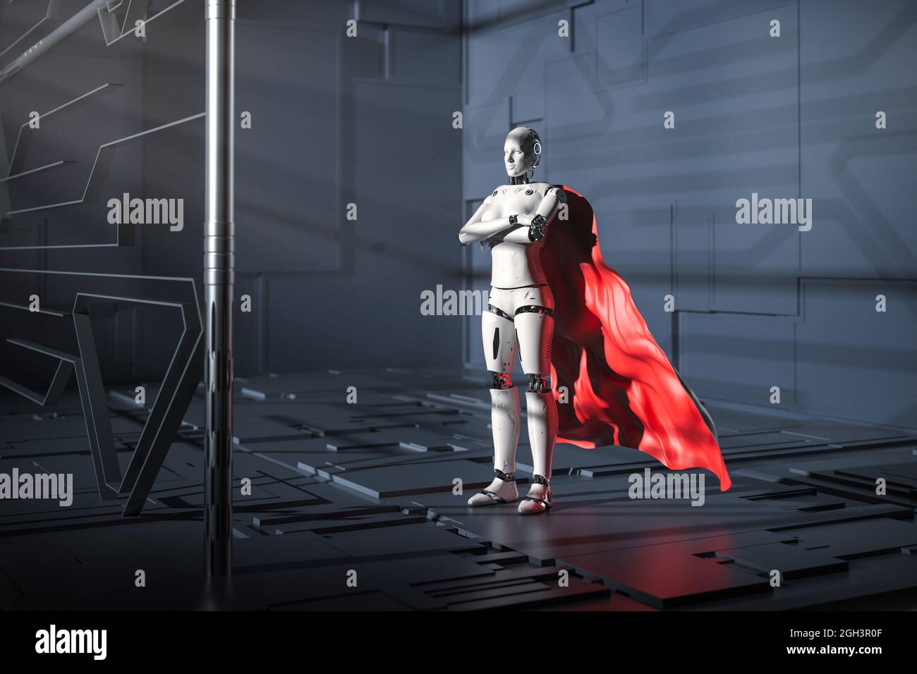 3d rendering superhero cyborg with red cloak Stock Photo - Alamy