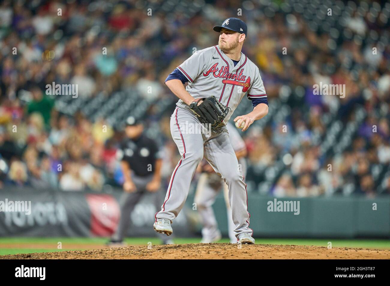 Denver CO, USA. 3rd Sep, 2021. Atlanta pitcher Tyler Matzek (68) throws ...
