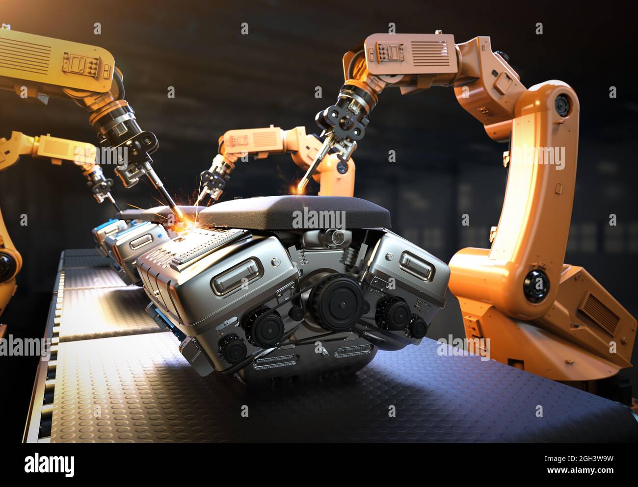 Automation automobile factory concept with 3d rendering robot assembly line with car engine or ...