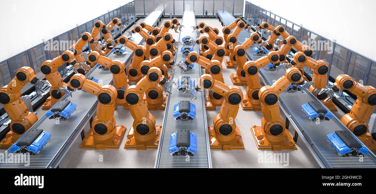 Automation automobile factory concept with 3d rendering robot assembly line with car engine or ...