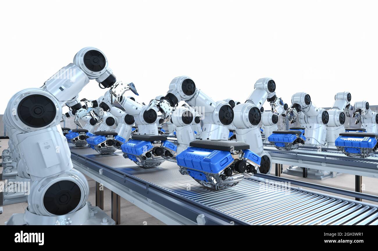 Automation automobile factory concept with 3d rendering robot assembly line with car engine or ...
