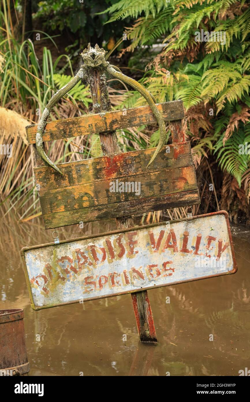 An old "Paradise Valley Springs" sign in a swampy area of a wildlife ...