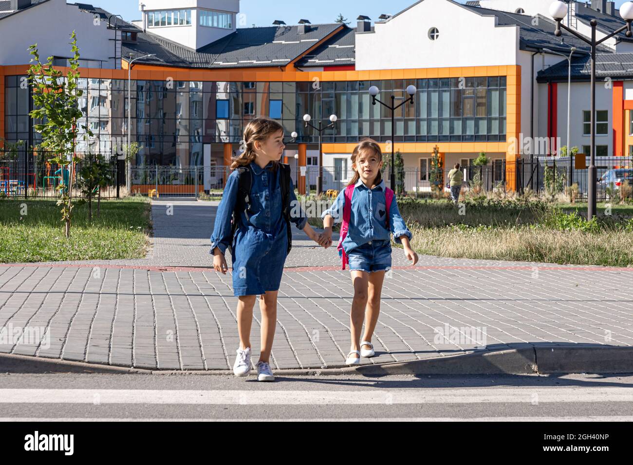 Primary school students go home after school, the first day of school ...