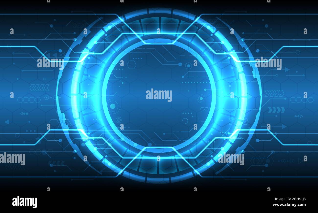 3D effect neon light. Futuristic Sci-Fi glowing HUD circle element. Abstract hi-tech background ...