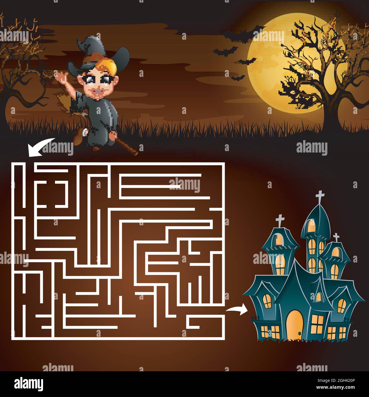 Halloween maze games find the boy witch to the ghost house Stock Vector ...