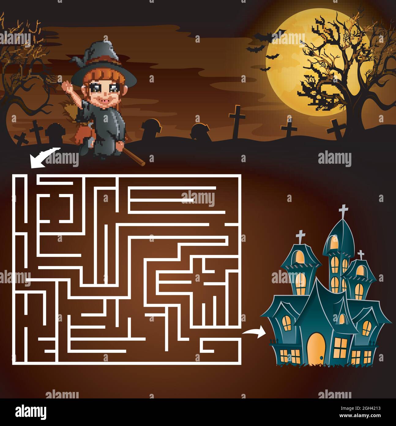 Halloween maze games find the girl witch to the ghost house Stock ...